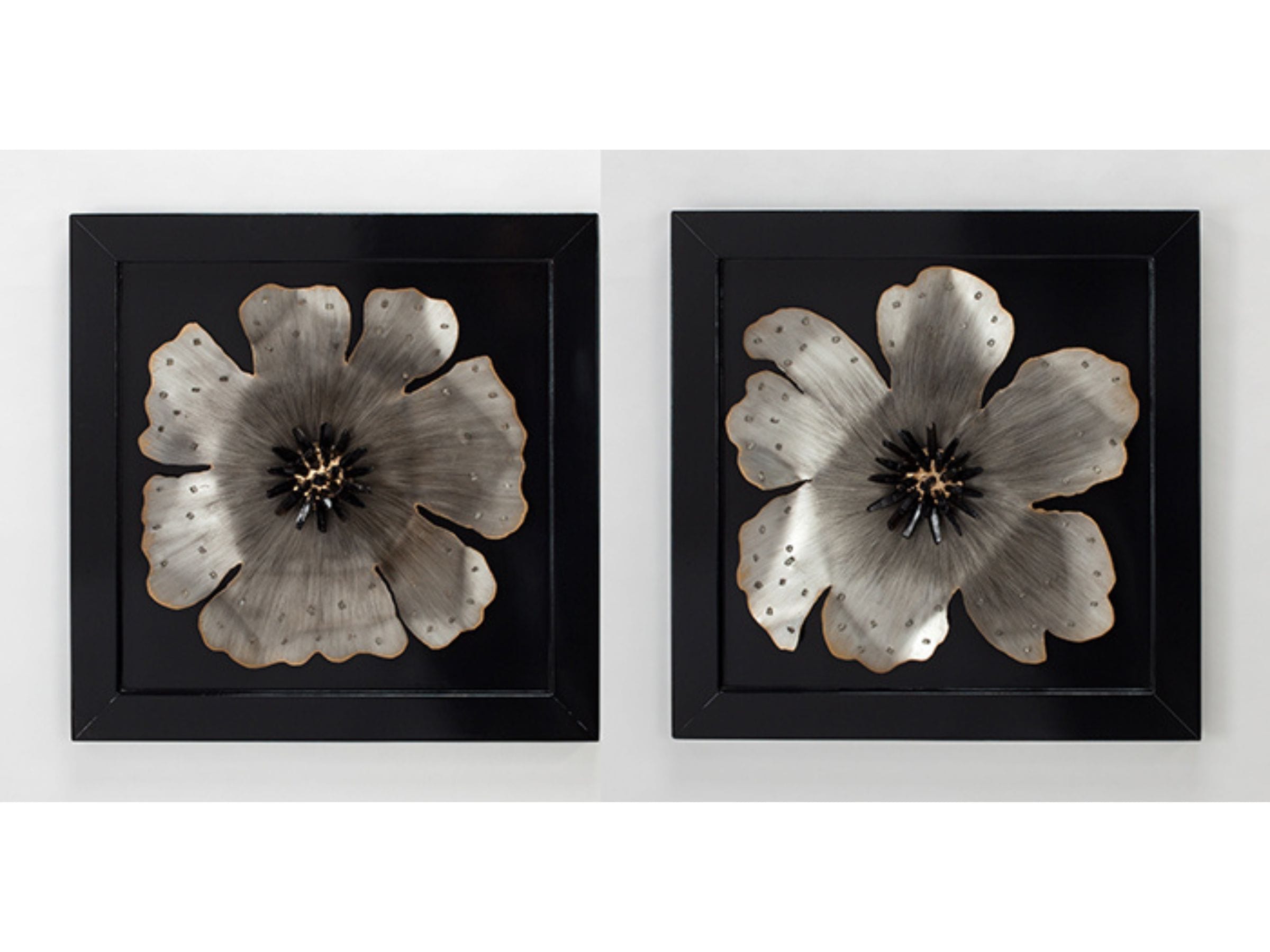 Set of 2 Black and Silver Metal Flower Framed Wall Decor 28"W x 28"H ...