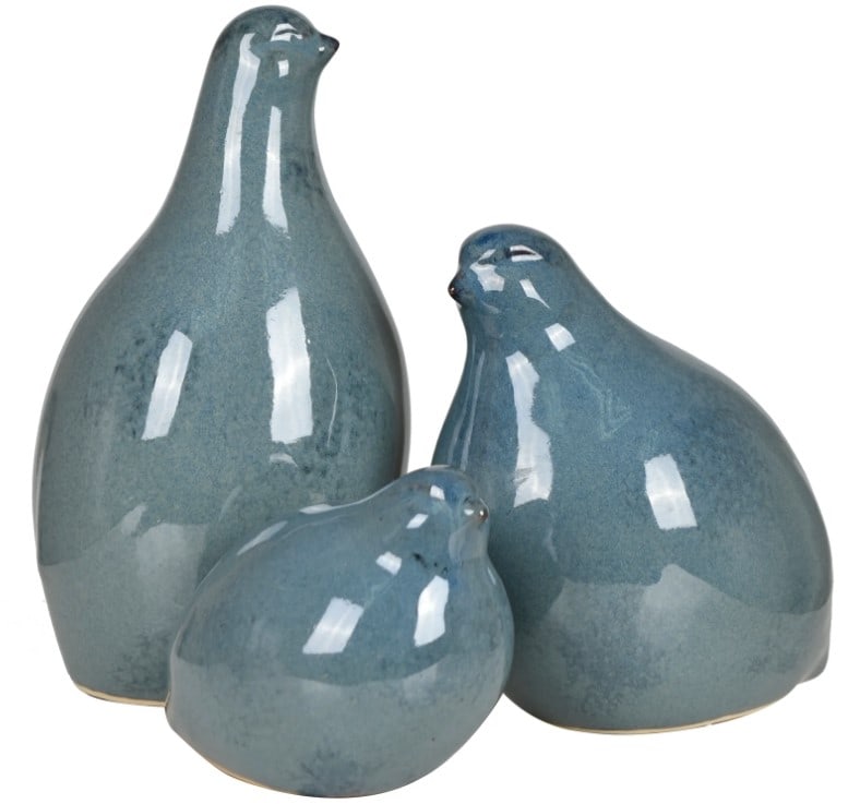 Set of 3 Blue Ceramic Partridge Statues 6"W x 9"H | Steinhafels