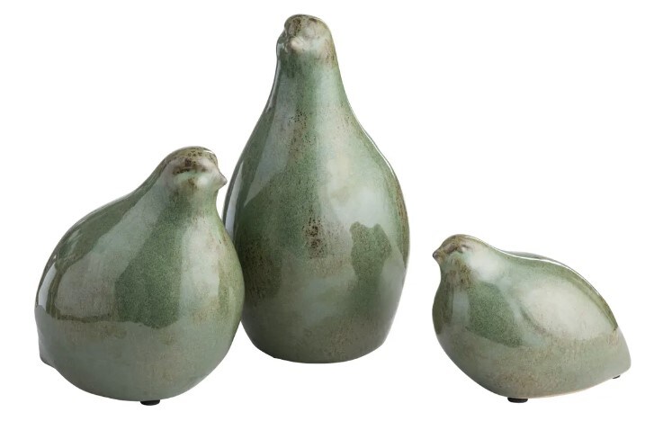 Set of 3 Green Ceramic Partridge Statues 6"W x 9"H | Steinhafels