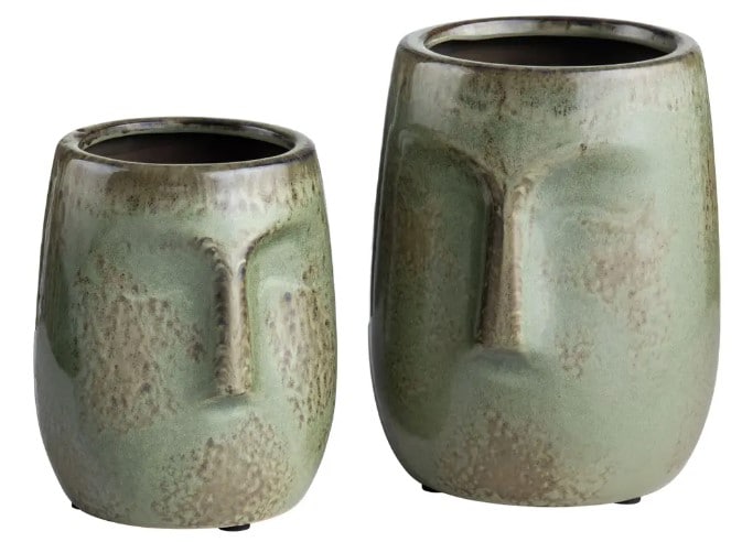 Set of 2 Green Ceramic Face Vases 5/7"H | Steinhafels