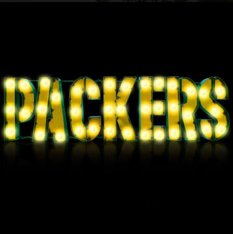 Gold Recycled Metal Packers Wall Decor With Bulbs 46"W x 13"H | Steinhafels