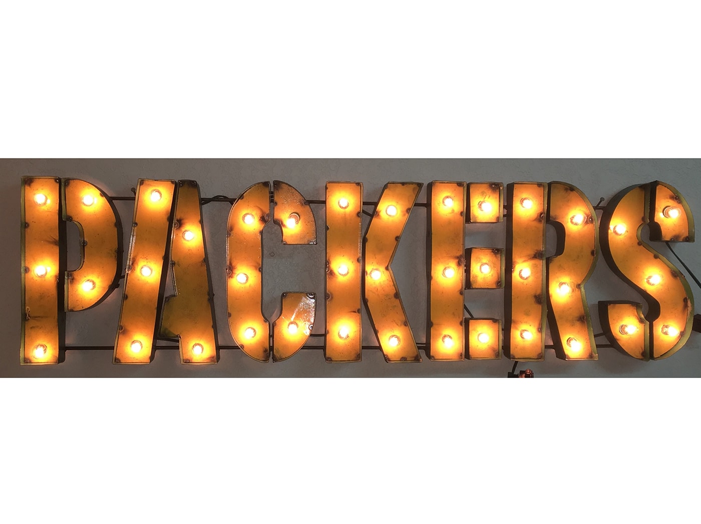 Gold Recycled Metal Packers Wall Décor With Bulbs 46"W x 13"H | Steinhafels