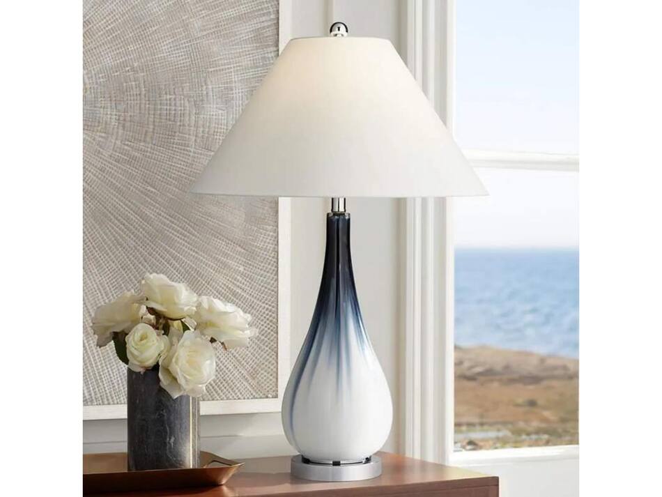 White and Navy Glass Table Lamp 30.5"H | Steinhafels