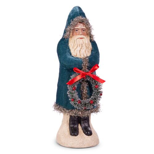 Blue Velvet Santa with Wreath Figurine 4.25"W x 12"H | Steinhafels