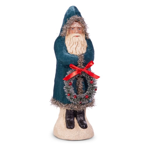 Blue Velvet Santa with Wreath Figurine 4.25"W x 12"H | Steinhafels