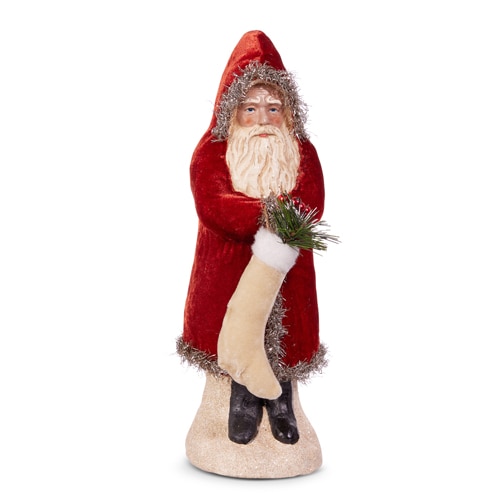 Dark Red Velvet Santa with Stocking Figurine 4.25"W x 12"H | Steinhafels