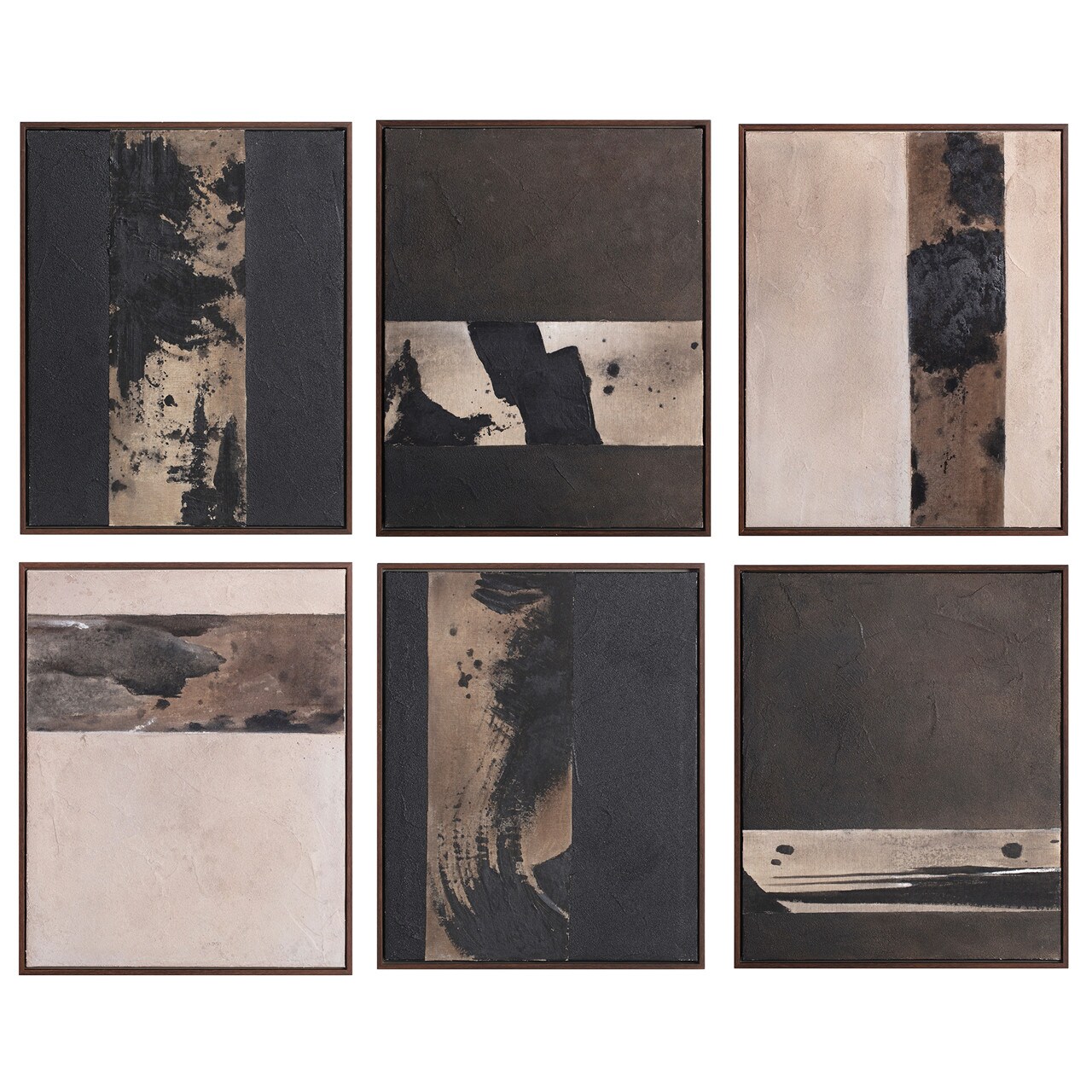 Set of 6 Charcoal and Tan Abstract Handpainted Art 17"W x 20"H ...