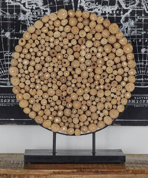 Brown Teak Wood Circle On Black Stand Handmade Sculpture 19"W x 24"H ...