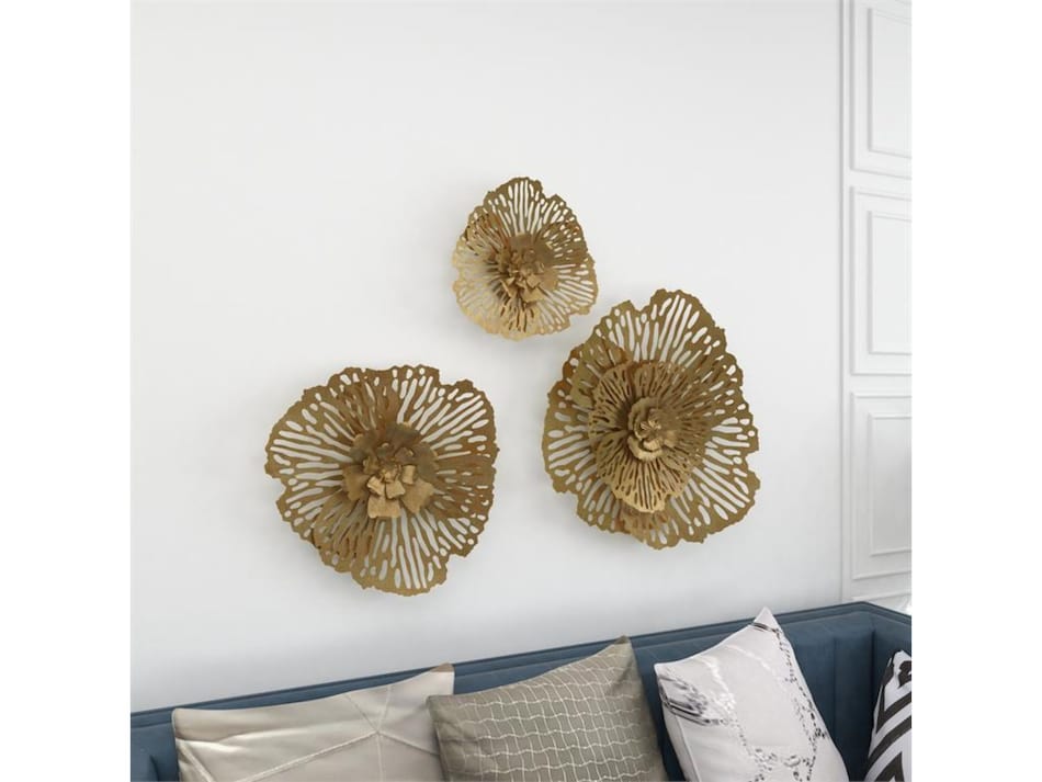 Set of 3 Gold Metal Flowers Wall Decor 18/24/29"H | Steinhafels